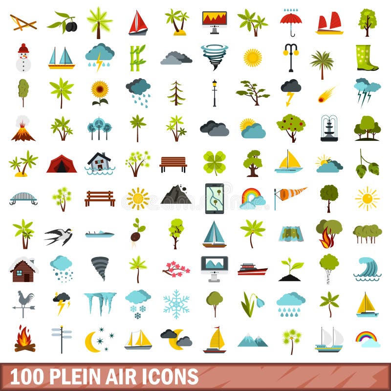 100 Plein Air Icons Set, Flat Style Stock Vector - Illustration of ...