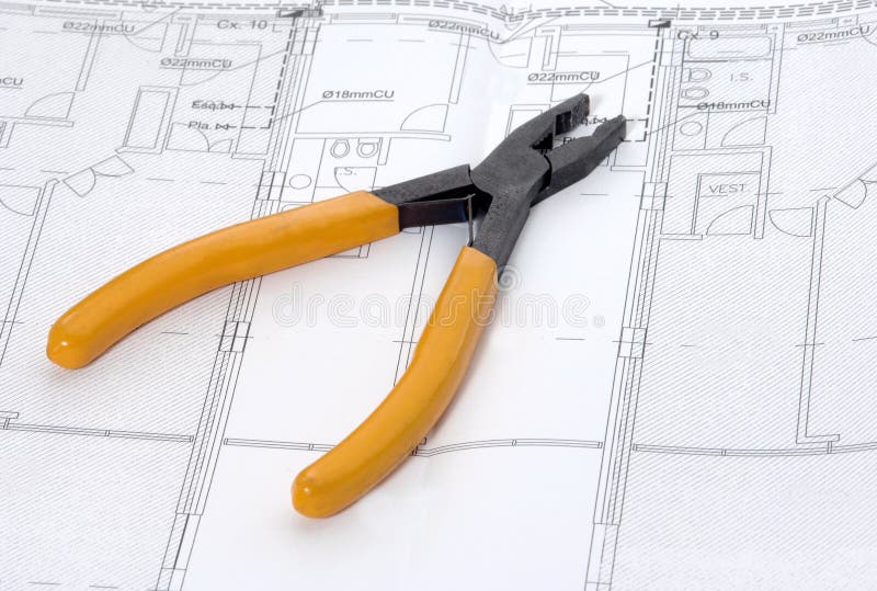 Pliers and house plan stock photo. Image of blueprints - 4435812