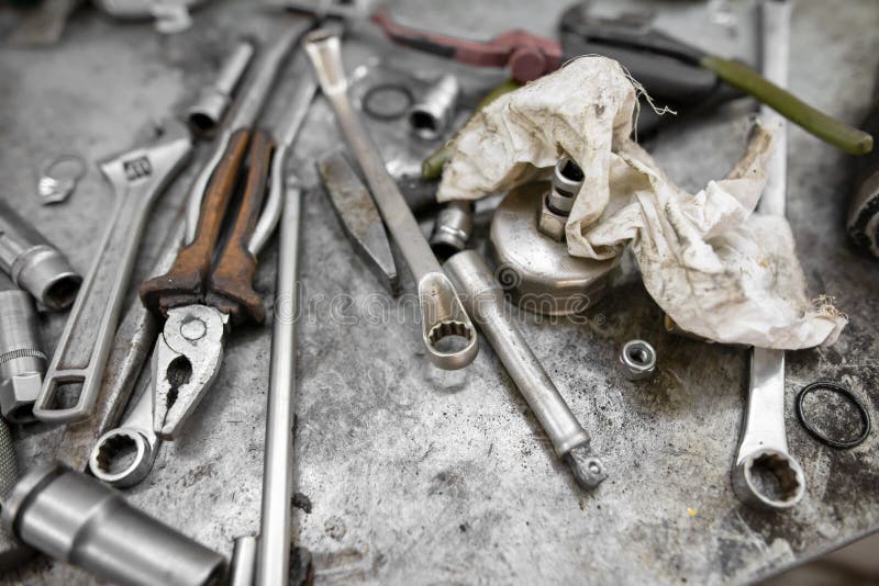 Pliers and Wrenches on the Table in the Garage. Stock Image - Image of ...