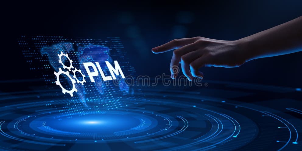 PLM Product Cycle Management Program Development Concept. Hand Pressing ...