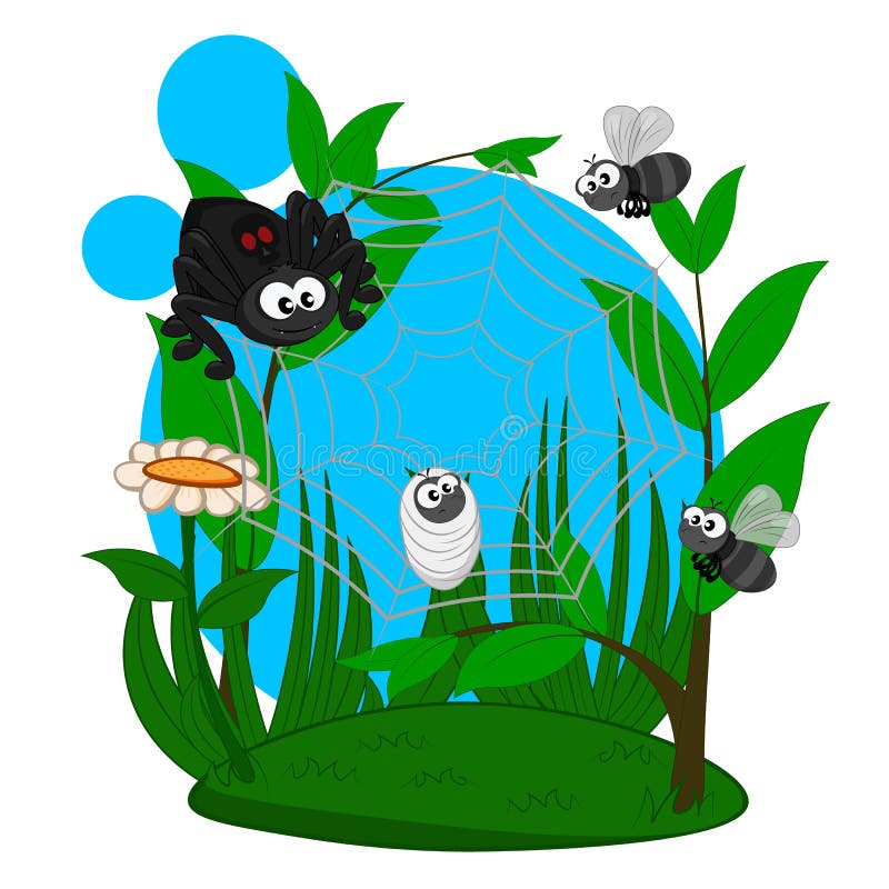 Flies Caught in Spiderweb. Black Silhouettes of Insects Stuck To Sticky ...