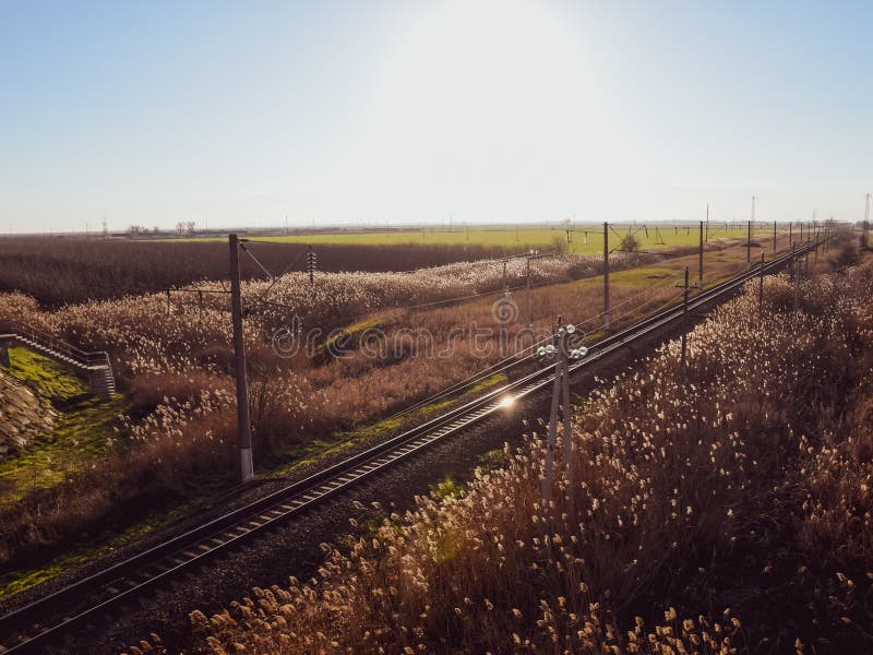Plot Railway. Top View on the Rails. High-voltage Lines for Electric ...