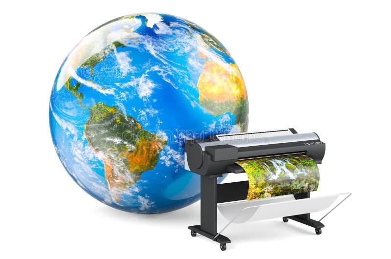 Plotter, Large Format Inkjet Printer with Earth Globe, 3D Rendering ...