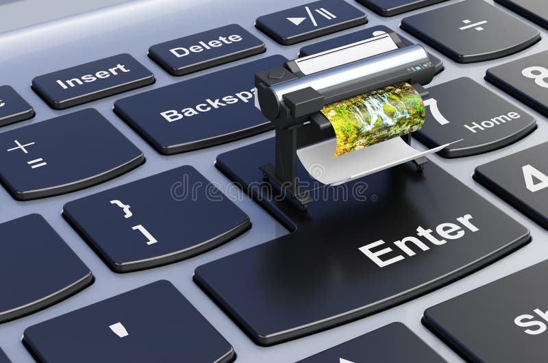 Plotter, Large Format Inkjet Printer on Laptop Keyboard, 3D Stock ...