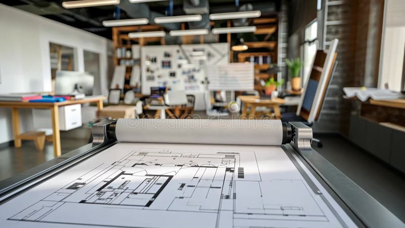 Plotter Printing Architectural Project on Blueprint in Empty Design Studio Stock Video - Video ...