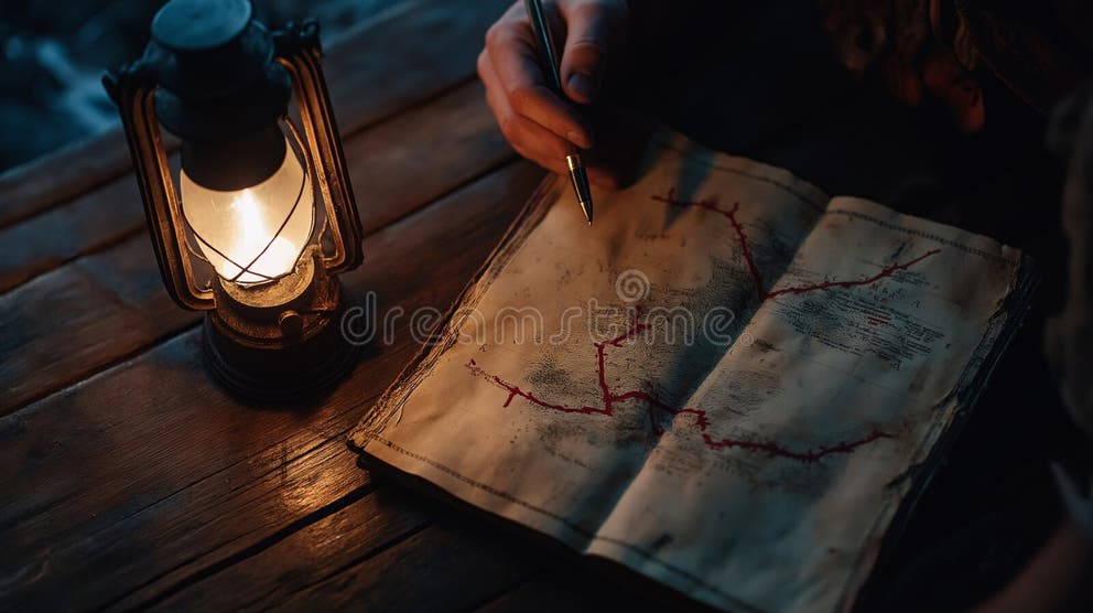 Plotting a Course: Aged Map Illuminated by Lamp on Wooden Table Stock ...