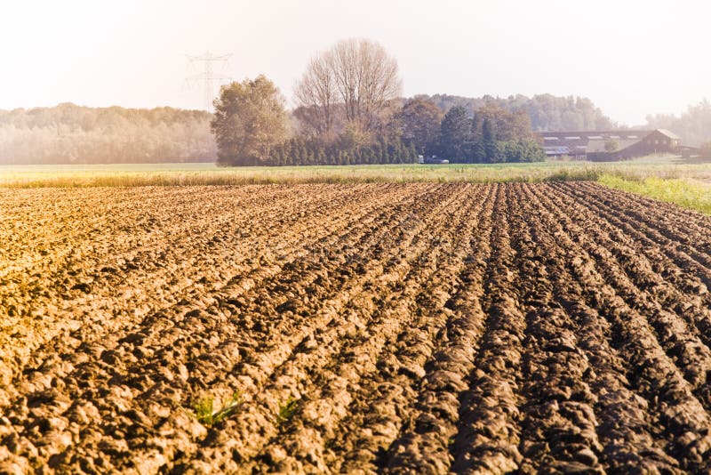 Plowed Field and Farm on Hazy Day Stock Image - Image of farm ...