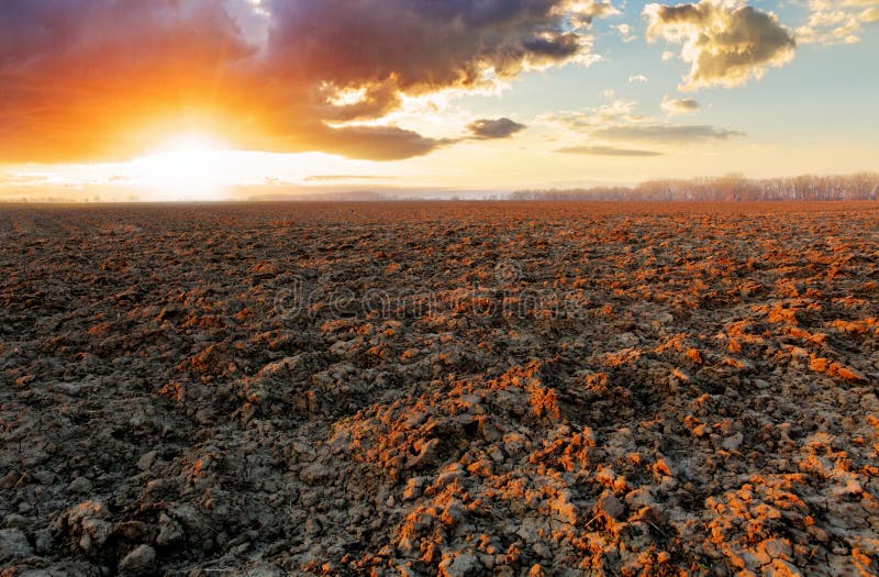 Plowed field at sunset stock image. Image of crop, pasture - 38858727