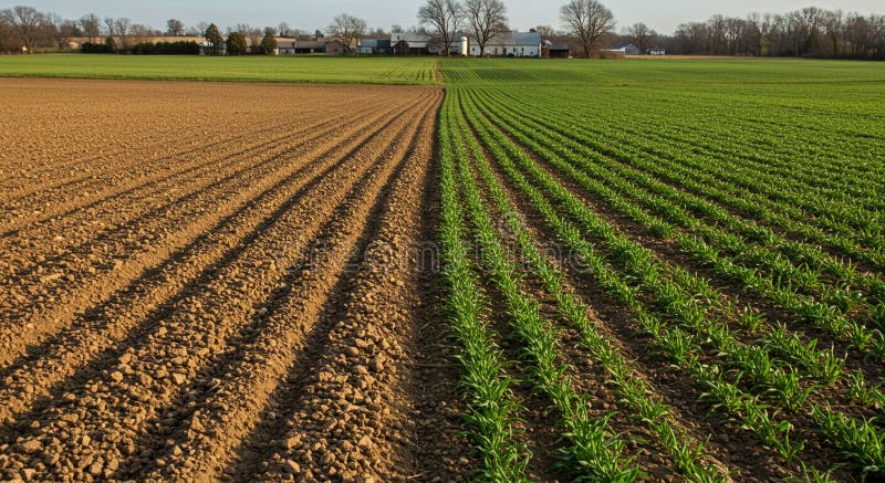 Plowed and Planted Field with Parallel Rows, Split into Two Sections ...