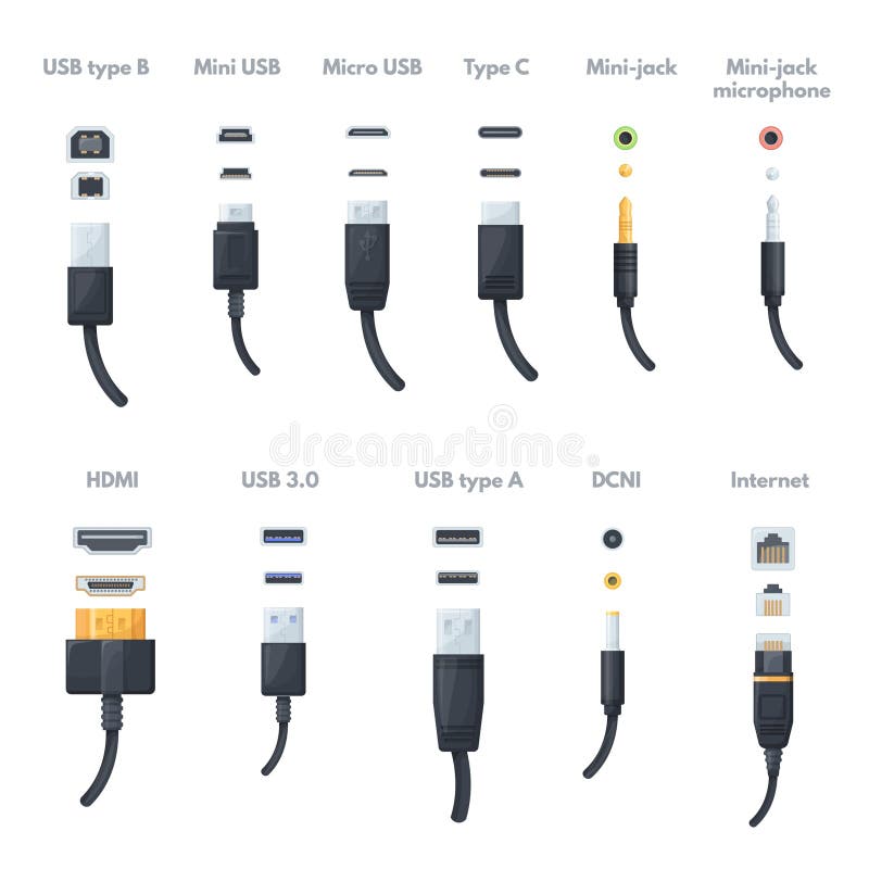 Plug Cable Connectors. Computer or Phone Cables and Sockets, Hdmi Port ...