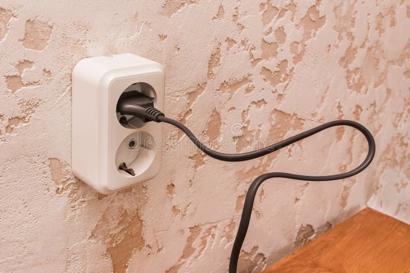 Black Plug in White Double Socket on White Plaster Modern Interior Wall ...
