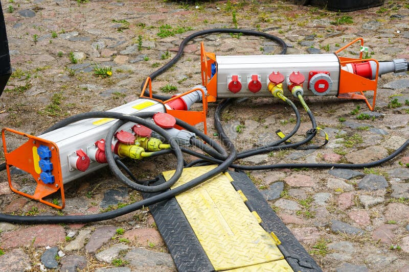 Plugged Sockets on Stone Pavement, Outdoor Event Temporary Mobile Power ...