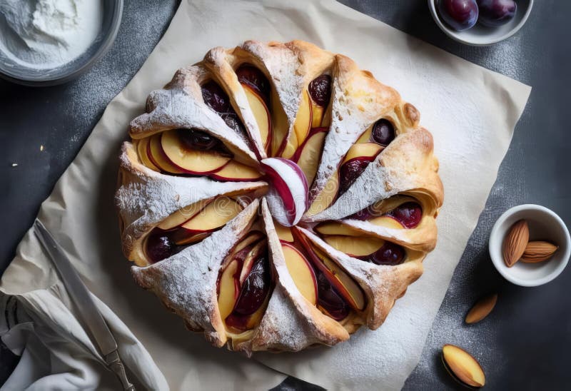 Plum and Almond Pastry Dusted with Icing Sugar - Top View Stock ...