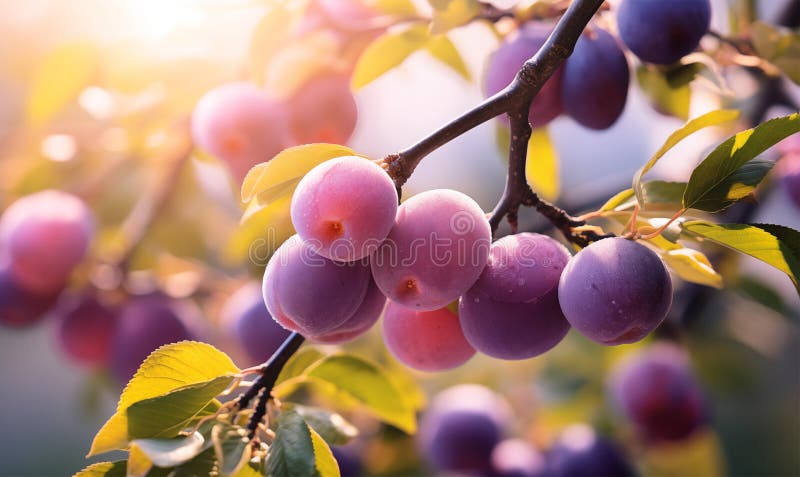 Plum Branch Close-up in Fruit Orchard Background with Copy Space Stock ...