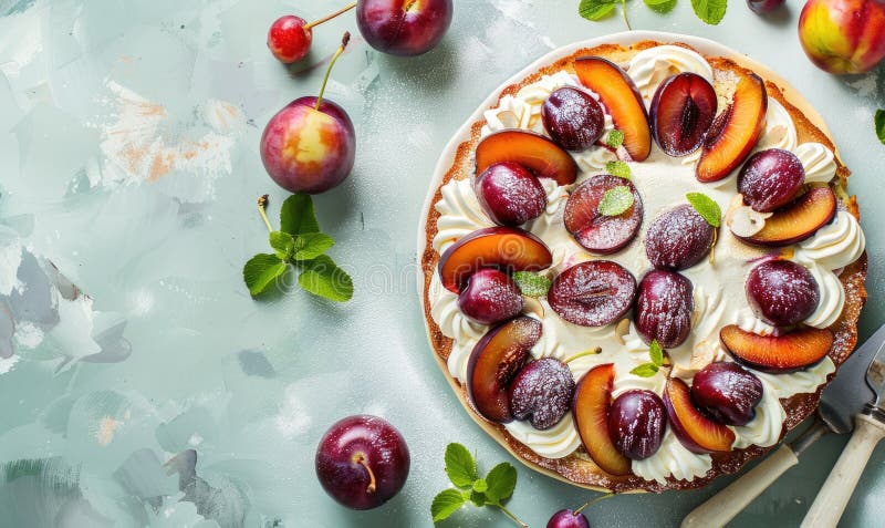 Plum Cake with Cream on a Pale Green Backdrop Stock Image - Image of ...