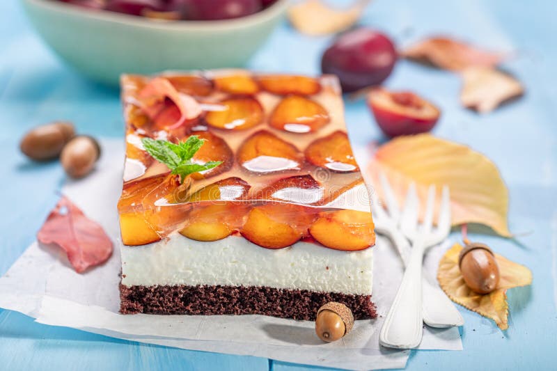 Plum Sponge Cake with Jelly and Whipped Cream Stock Photo - Image of ...