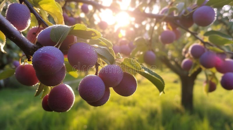 Plum Tree with Juicy Fruits on Sunset Light Stock Image - Image of ...