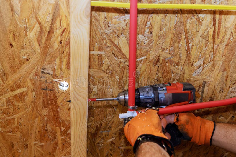 Plumber Assembles Installation Connects PVC Plastic Water Pipes in ...