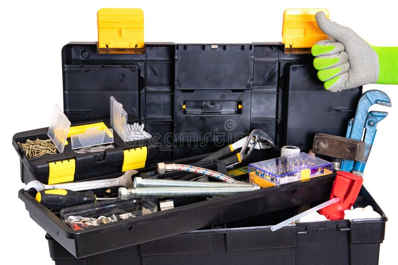 Plumber or Carpenter Tool Box Isolated. Black Plastic Tool Kit Box with ...