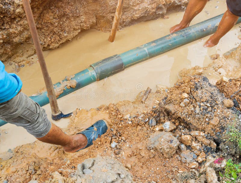 Plumber Dig Repair Main Plumbing PVC Pipe on Road Stock Photo - Image ...