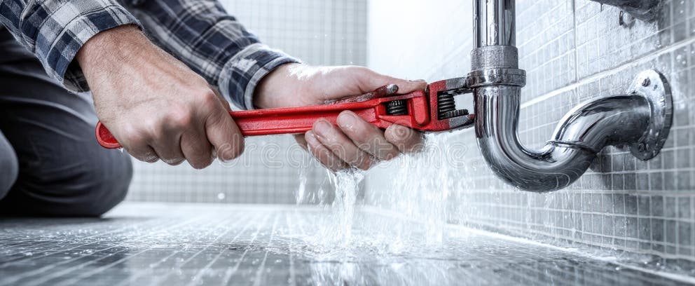 The Plumber Fixing a Leak Using a Wrench in a Modern Bathroom Setting..AI Generated Image Stock ...