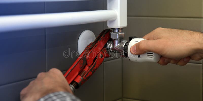 Connecting Plastic Pipe. Installing Water Heating Radiator Stock Photo ...