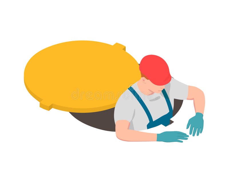 A Plumber in a Hard Hat is Working in the Hatch. Stock Vector ...