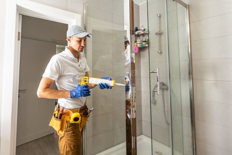 Plumber Installing Shower Stall, Work in Bathroom. Stock Image - Image ...