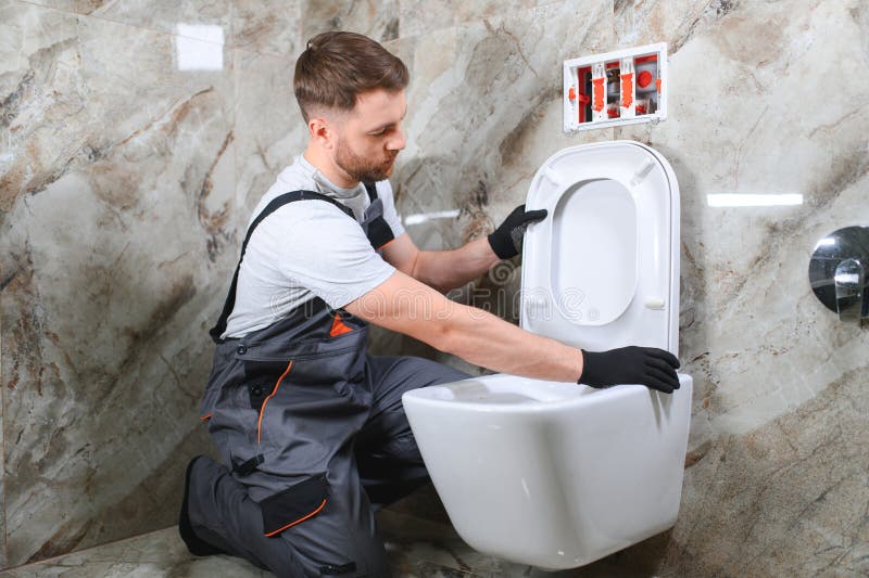Plumber Installing Toilet in Restroom Stock Photo - Image of install ...