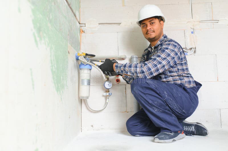 Indian Plumber Installing Water Equipment - Meter, Filter and Pressure ...