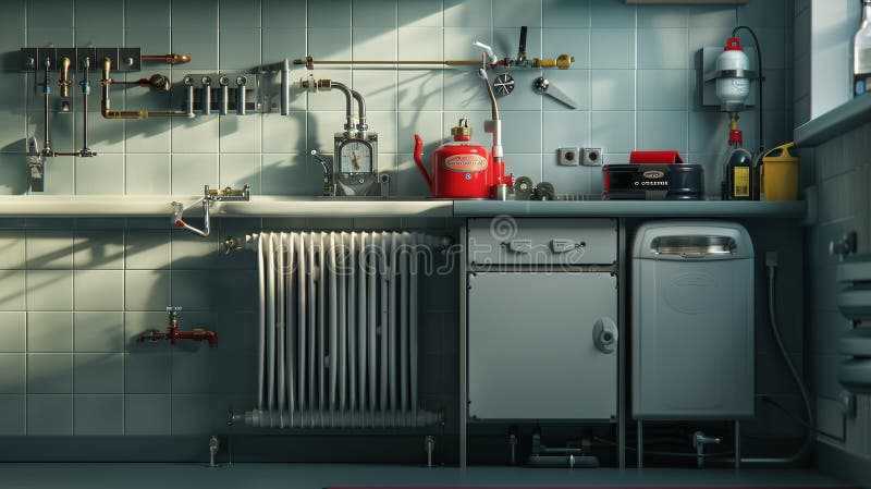 A Plumber Installs a New Radiator System in a Home, with Visible Pipes ...