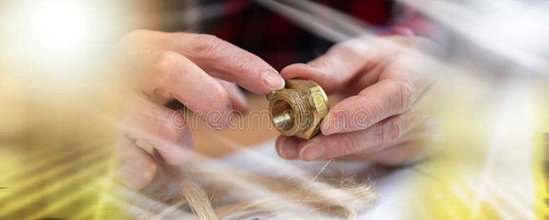 Plumber Preparing Fitting Sealing Multiple Exposure Stock Photo - Image ...