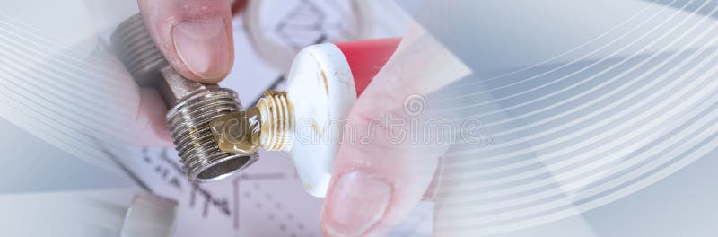 Plumber Putting Sealing Paste on a Thread. Panoramic Banner Stock Image ...