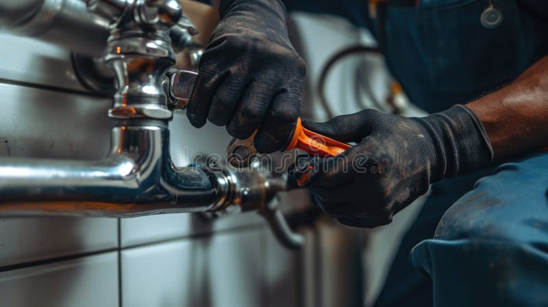 Plumber S Hands Using an Pipe Wrench To Work on the Chrome P-trap Under ...