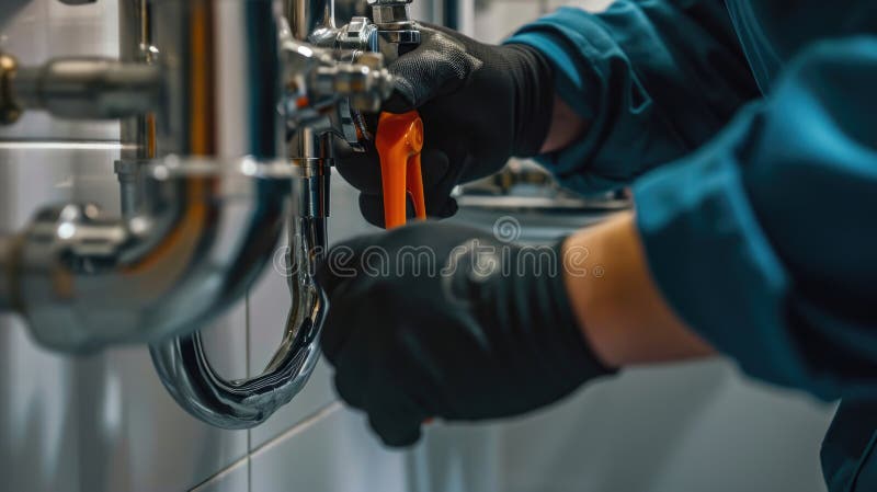 Plumber S Hands Using an Pipe Wrench To Work on the Chrome P-trap Under ...