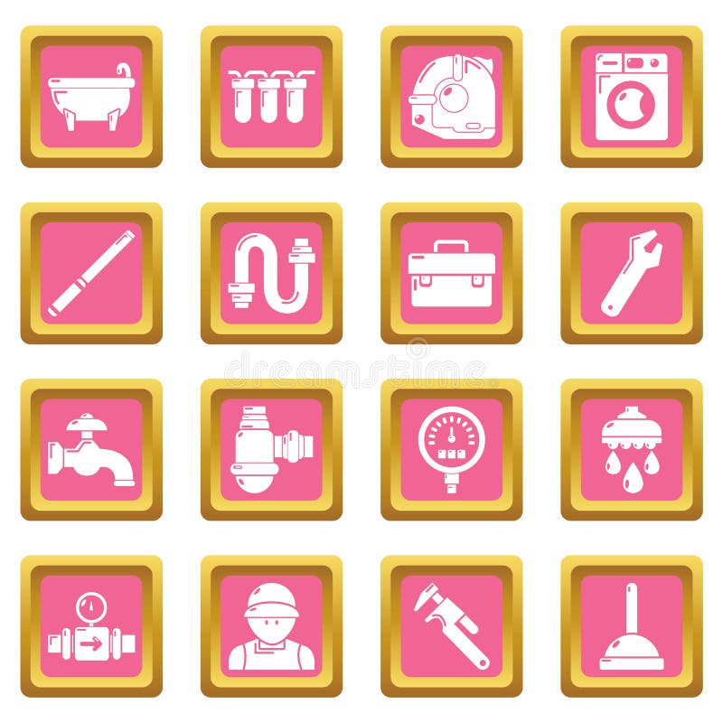 Plumber Symbols Icons Set Pink Square Vector Stock Vector ...