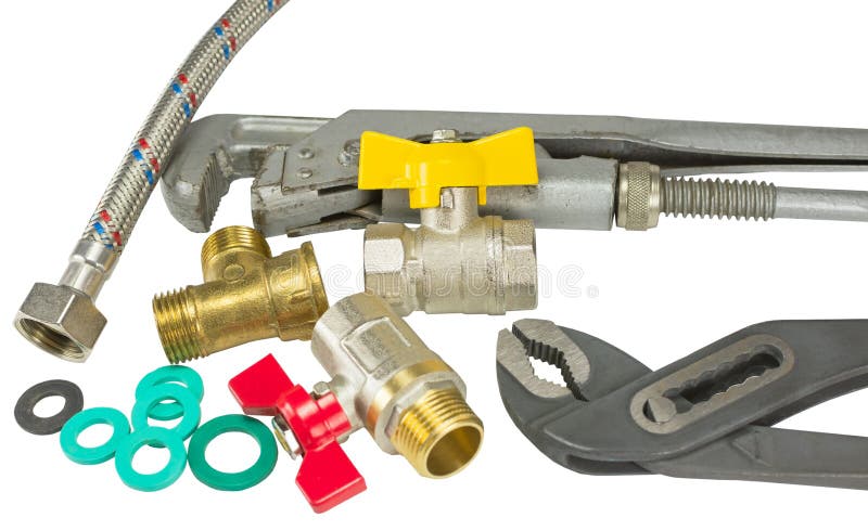 Plumber Tools and Accessories on White Stock Image - Image of wrench ...