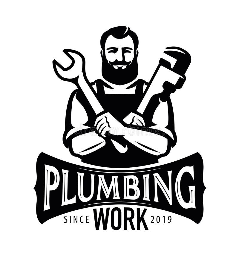 Plumbing Work, Construction Service Emblem or Logo. Plumber with Tools ...