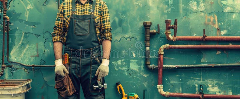 A Plumber in Uniform Standing in Front of a Copper Pipe and Green Wall ...
