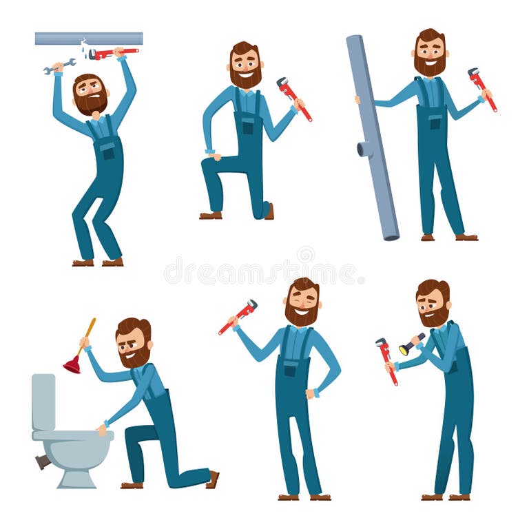 Plumber at Work. Characters Design Set Stock Vector - Illustration of ...