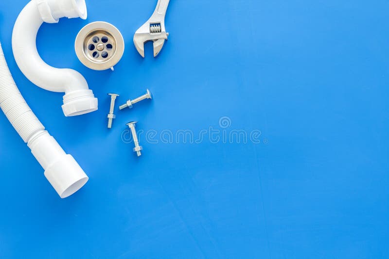 Plumber Work with Instruments, Tools and Gear on Blue Background Top ...