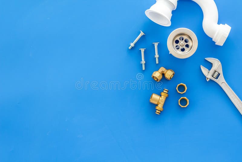 Plumber Work with Instruments, Tools and Gear on Blue Background Top ...