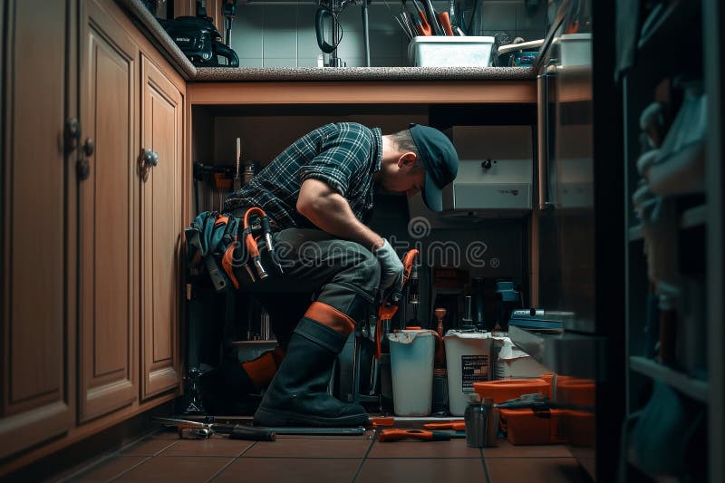 A Plumber Fixing Leaky Pipe Under Kitchen Sink Surrounded by Tools ...