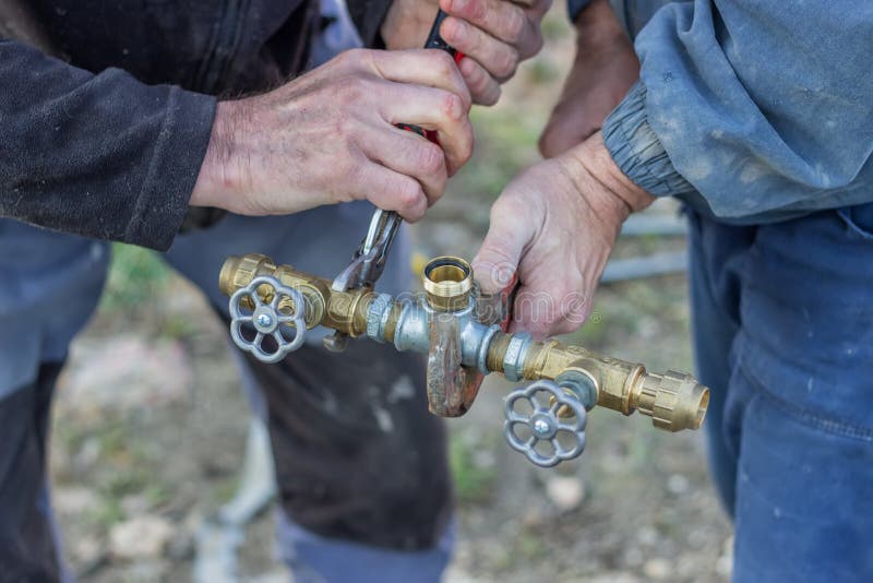 Plumbers Working Using Pipe Wrenches 3 Stock Photo - Image of drain ...