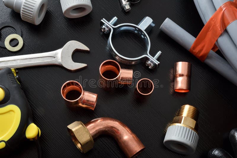 Plumbing and Diy with Material on Black Table Stock Photo - Image of ...