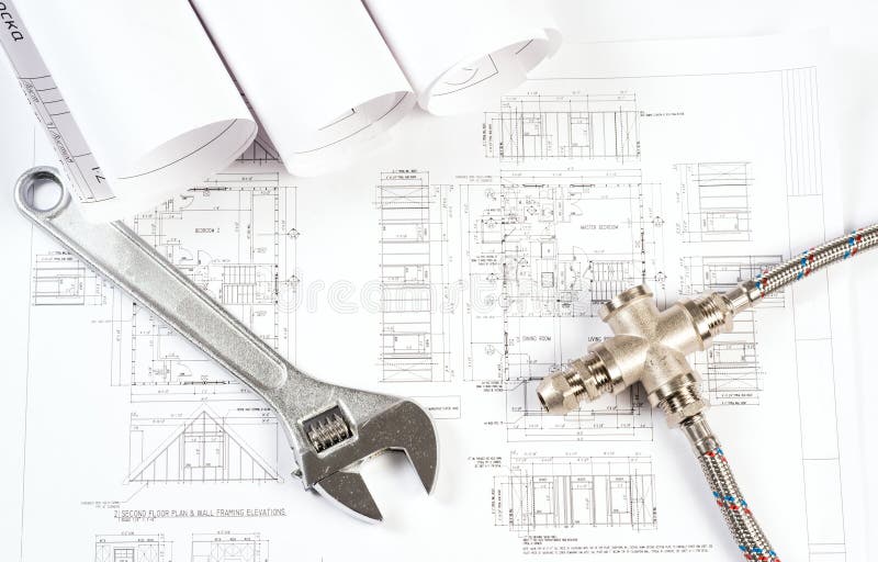 Plumbing and Drawings, Construction Still Life Stock Image - Image of ...