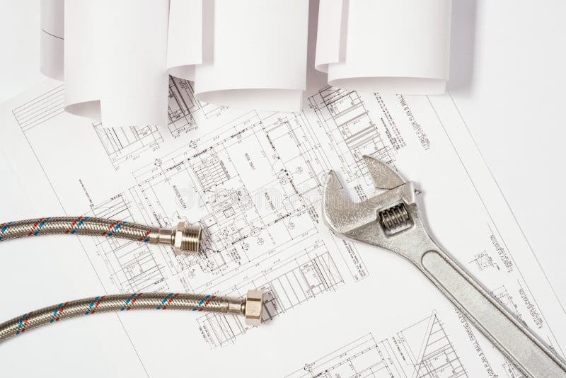 Plumbing and Drawings, Construction Still Life Stock Photo - Image of ...