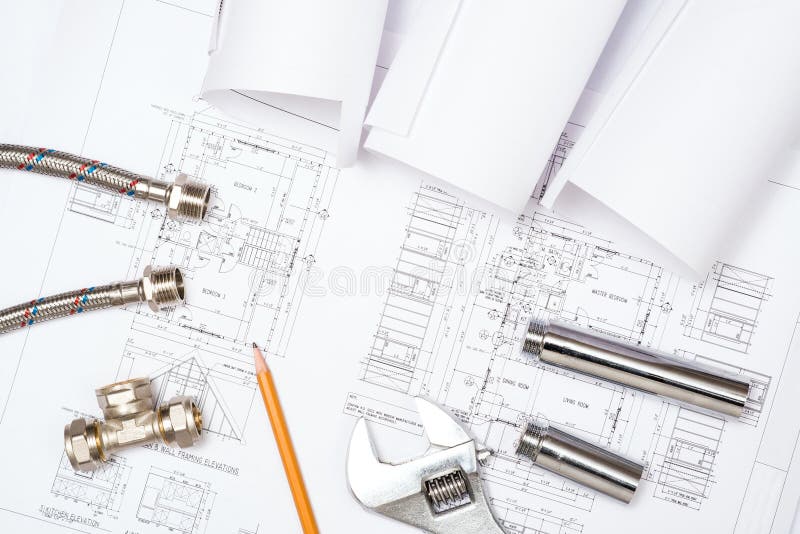 Plumbing and Drawings, Construction Still Life Stock Photo - Image of ...