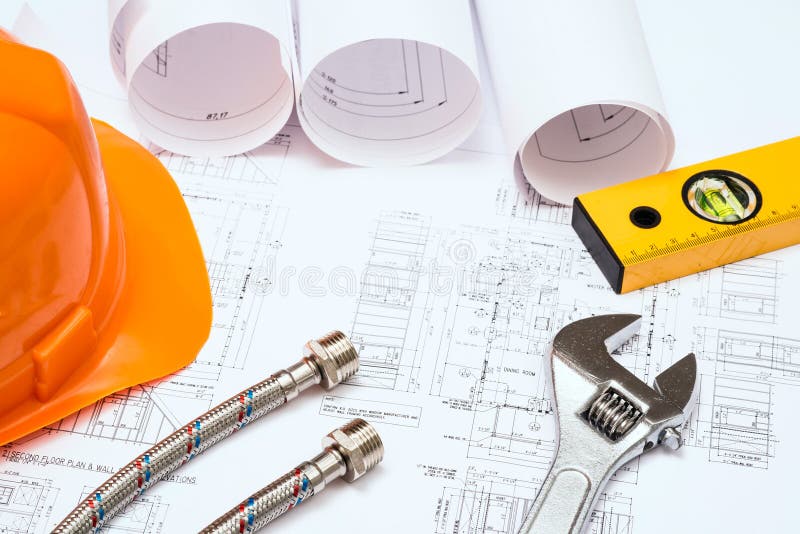 Plumbing and Drawings, Construction Still Life Stock Photo - Image of ...