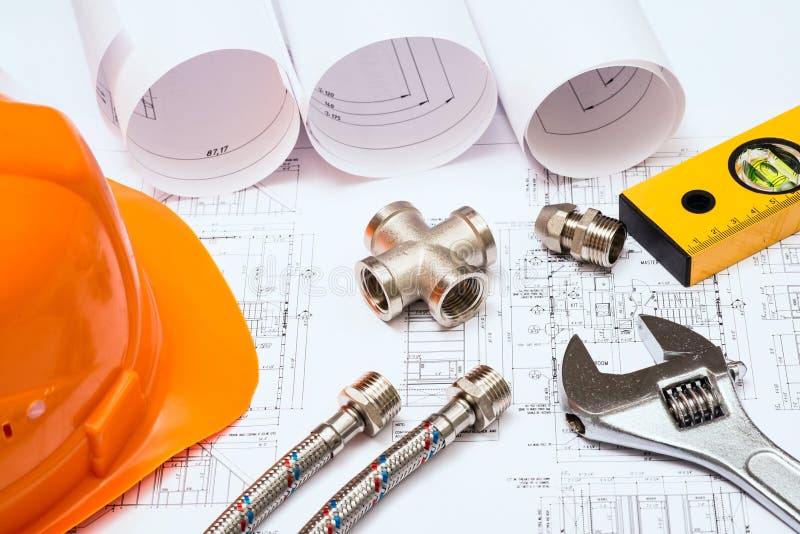Plumbing and Drawings, Construction Still Life Stock Photo - Image of ...